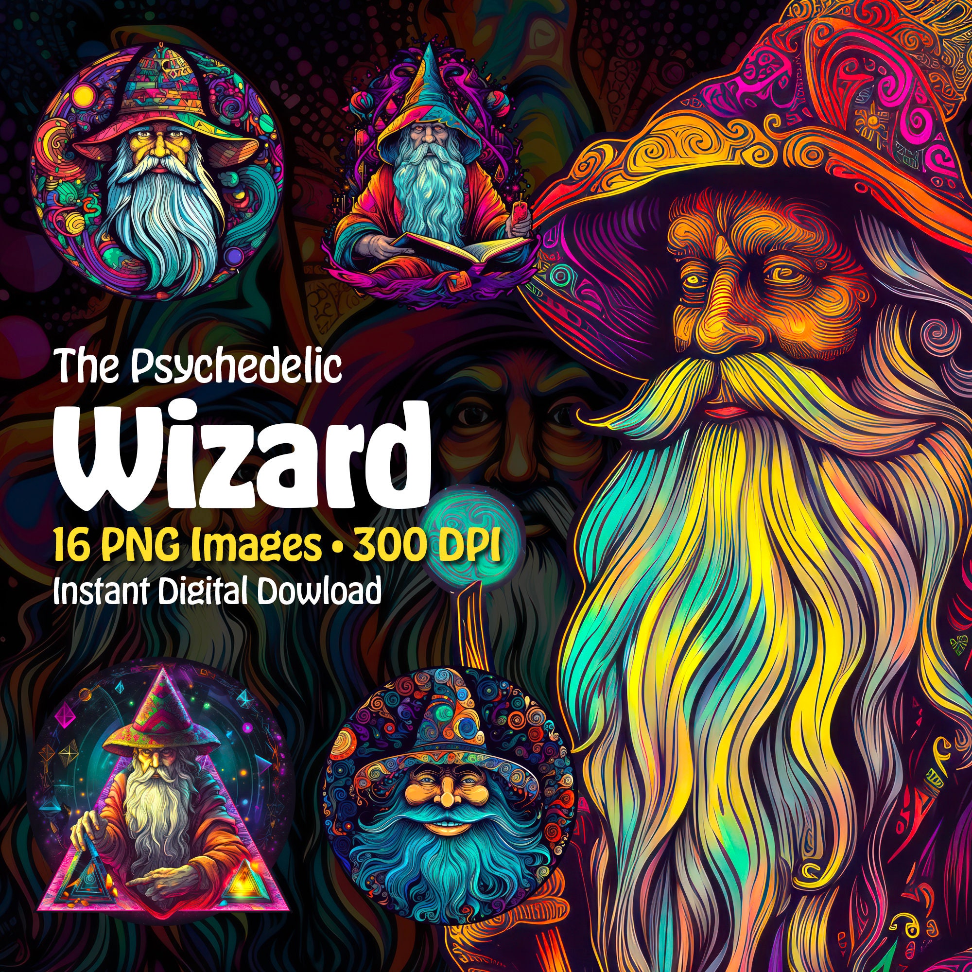 Wizard Clipart Bundle - 16 High-quality Psychedelic Wizard Pngs for ...