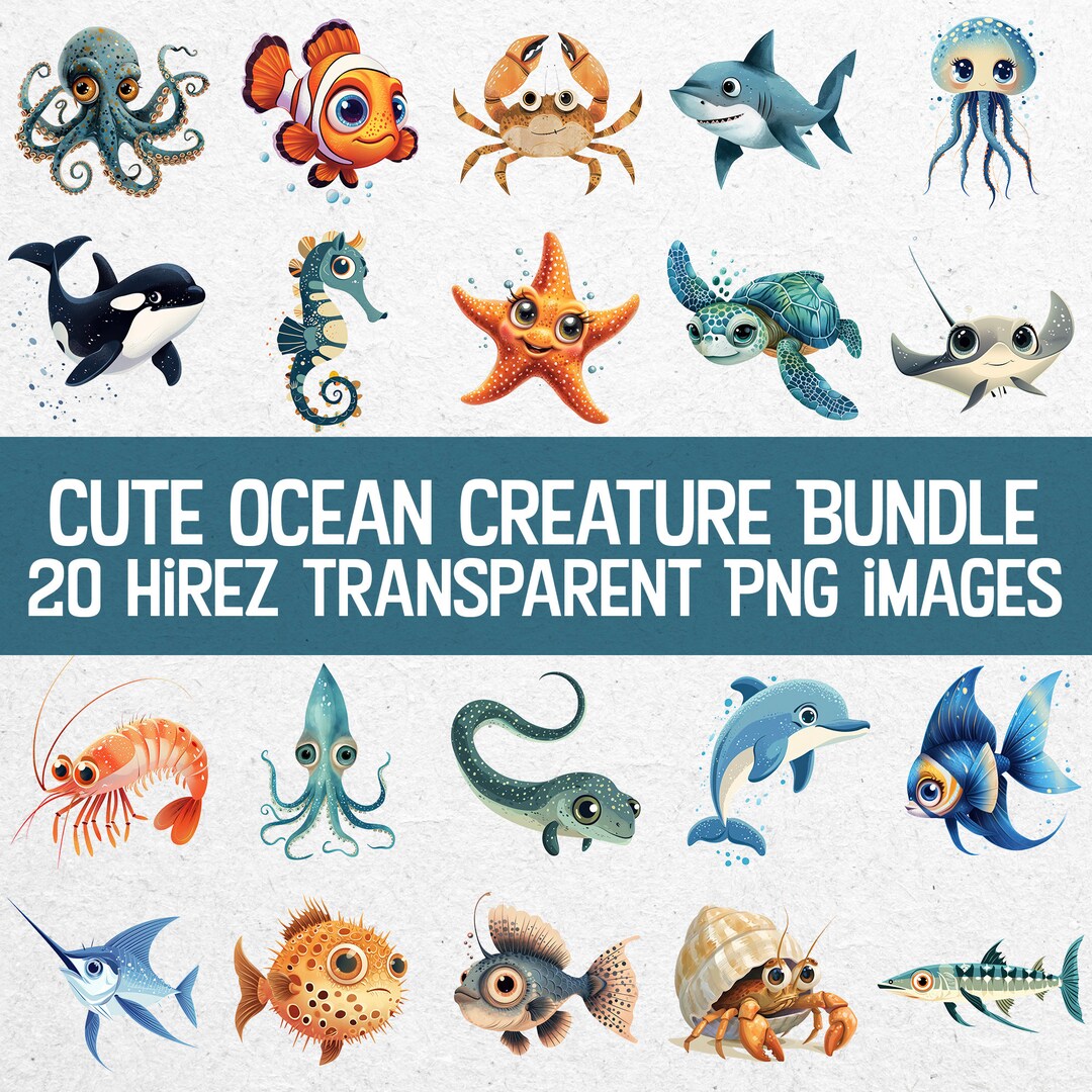 Adorable Ocean Life Bundle - 20 Cute Assorted Sea Creatures PNG Images ...