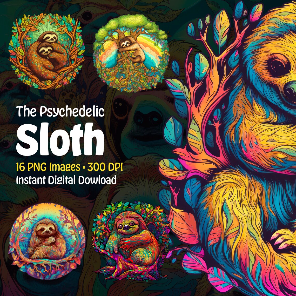 Sloth's Psychedelic Adventure 16 Sloth Clipart Pngs for Art and Merch ...