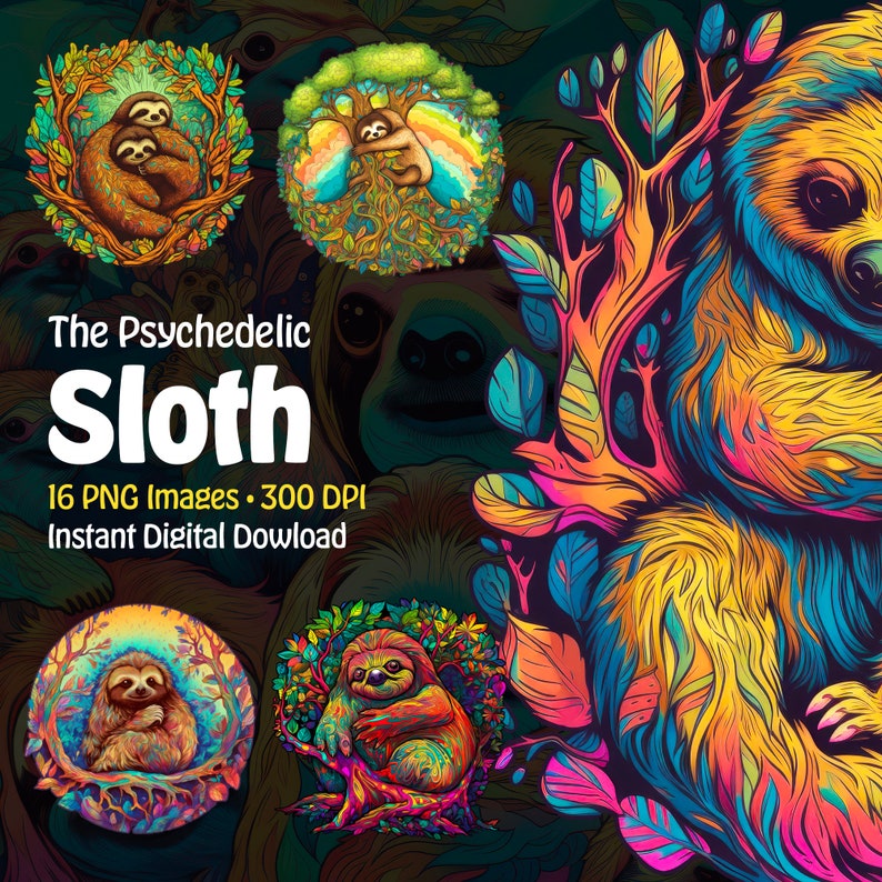 Sloth's Psychedelic Adventure - 16 Sloth Clipart Pngs for Art and Merch ...