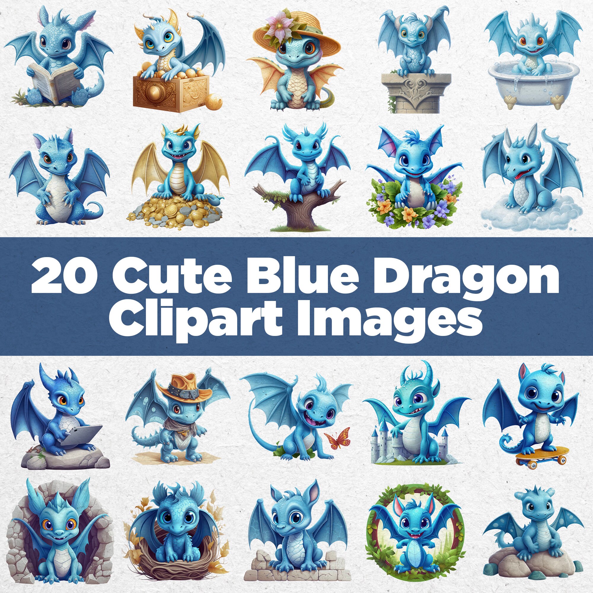 Cute Blue Baby Dragon Clipart PNG Bundle - Set of 20 Transparent Png's ...
