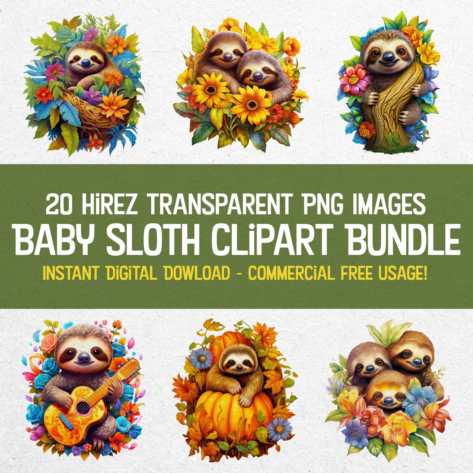 Adorable Sloth PNG Images Bundle - 20 Cute Sloth Graphics Pack - Etsy