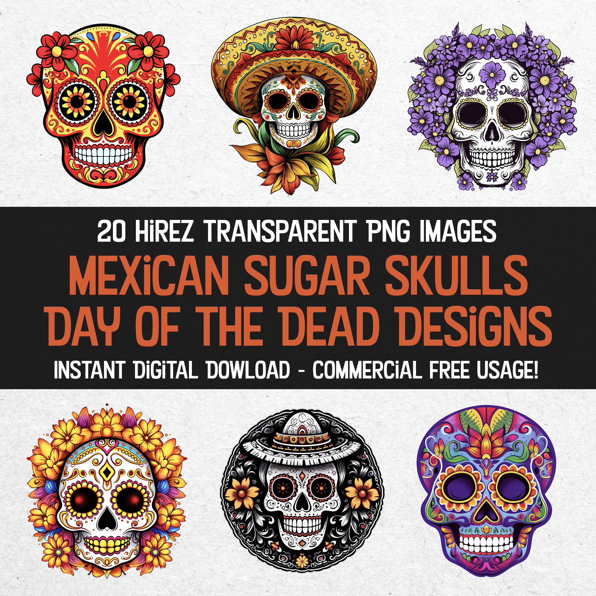 Colorful Mexican Sugar Skull Pngs - Set of 20 High-quality Digital Art ...