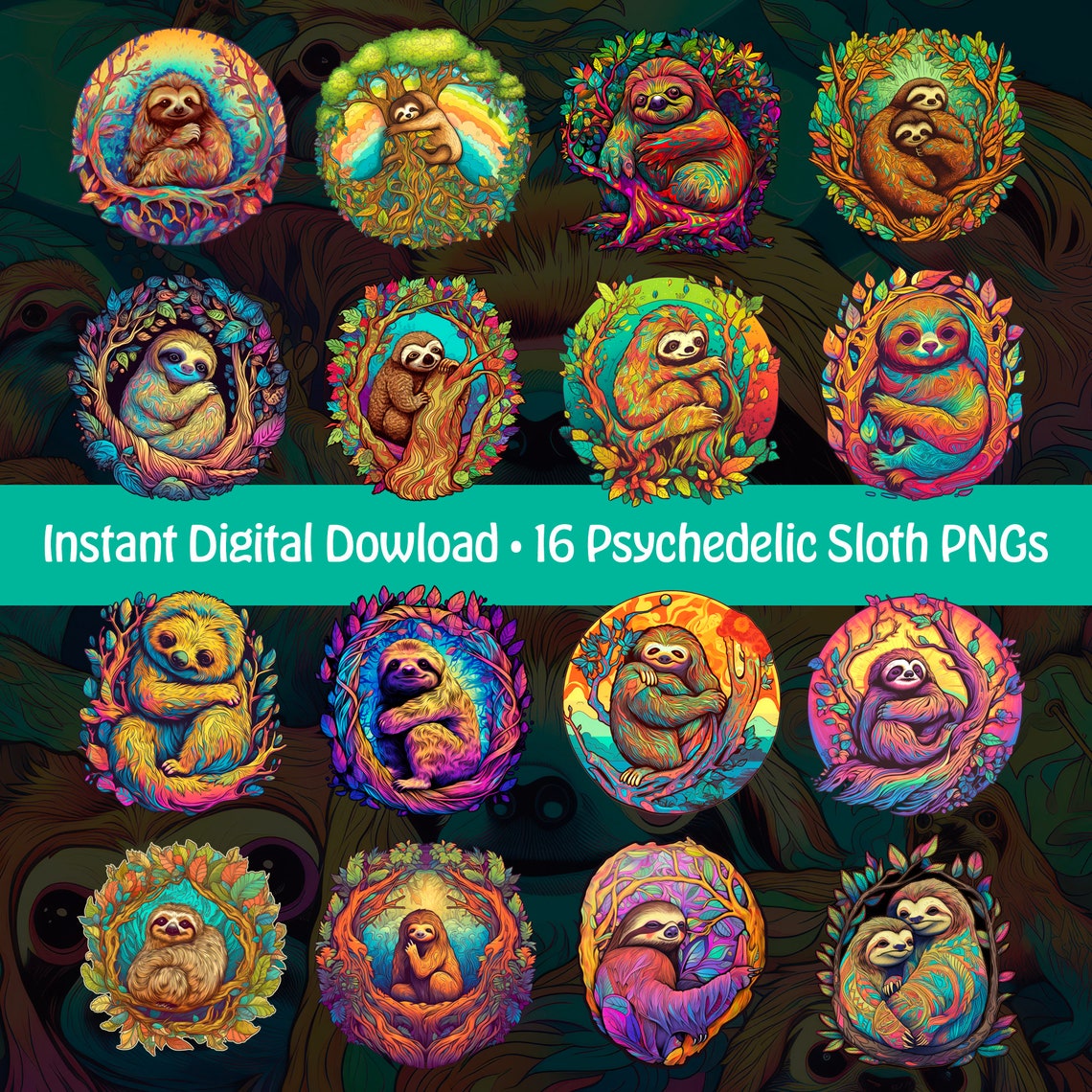 Sloth's Psychedelic Adventure - 16 Sloth Clipart Pngs for Art and Merch ...