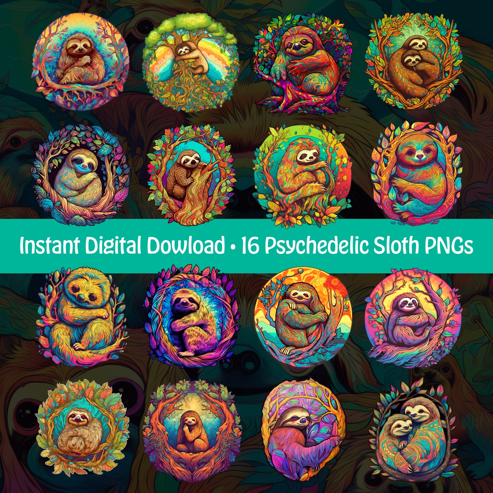 Sloth's Psychedelic Adventure 16 Sloth Clipart Pngs for Art and Merch ...