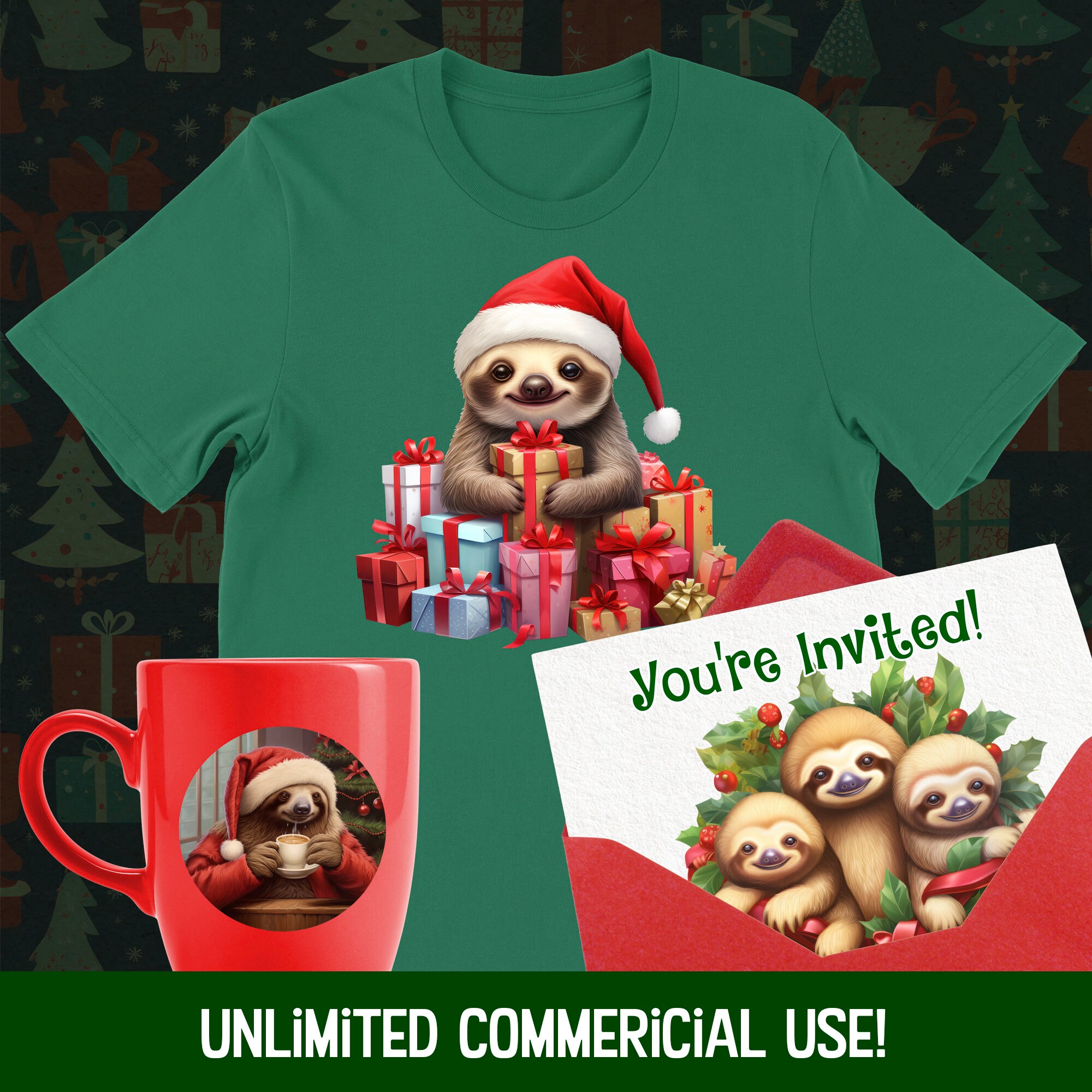 Cute Sloth Christmas Holiday Pngs: 20 Bundle Set of Adorable Festive ...