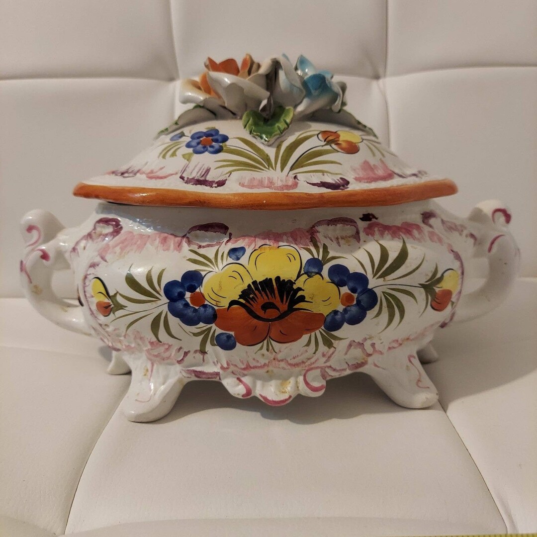 Vintage V. Bassano 12" Large Hand Painted Italian Floral Top Porcelain ...