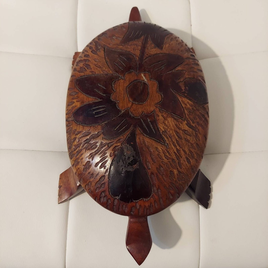Vintage Folk Art Hand Carved Wood Turtle With Flower Keepsake Trinket ...