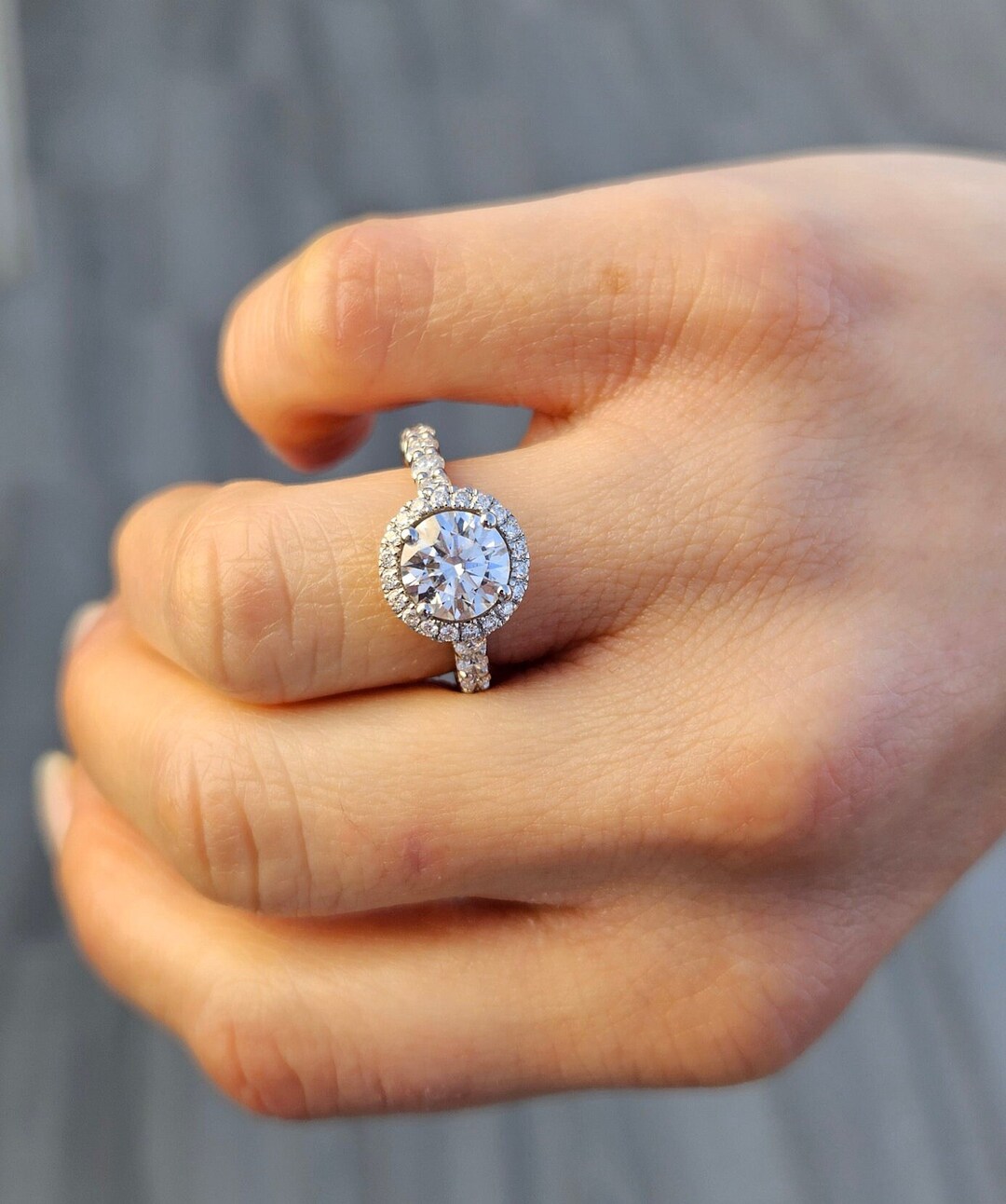 GRA 2.00 Carat Moissanite Solitaire Halo Engagement Ring, Round ...