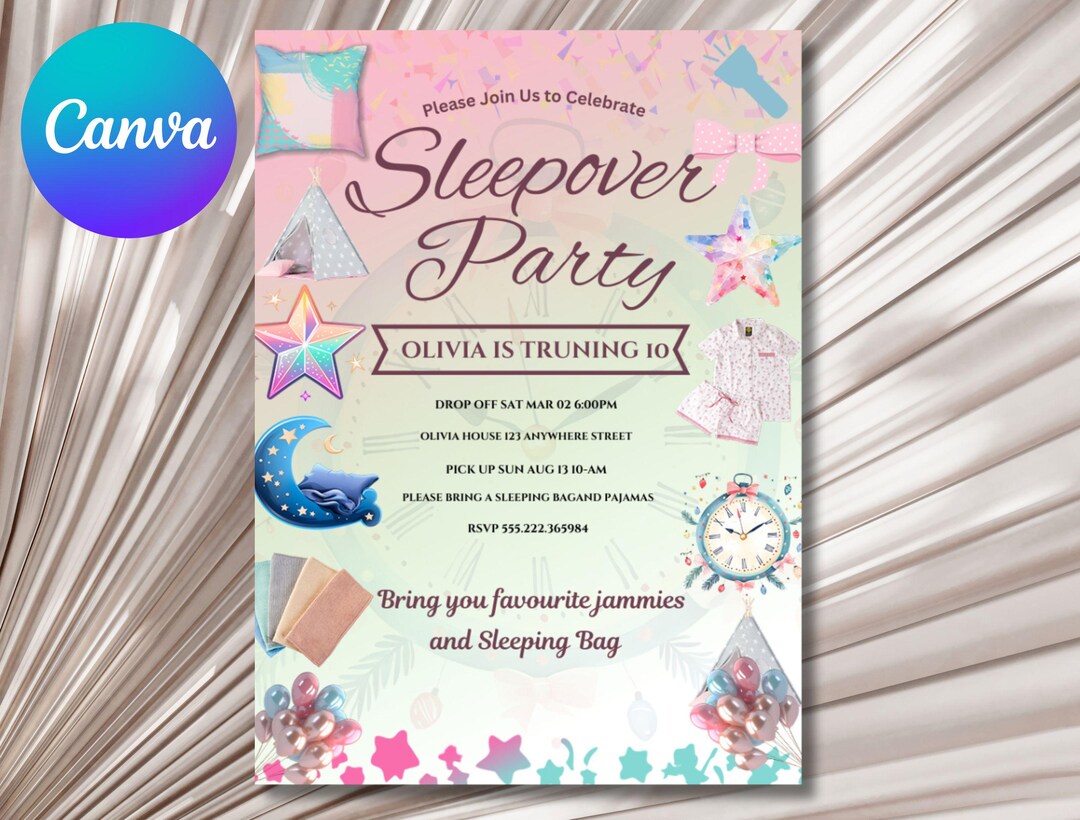 Sleepover Birthday Minimalist Invitation Set Slumber Party Invite Girl ...