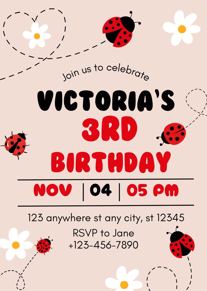 Ladybug Birthday Invitation Template: Editable Girl Party Invite (canva ...
