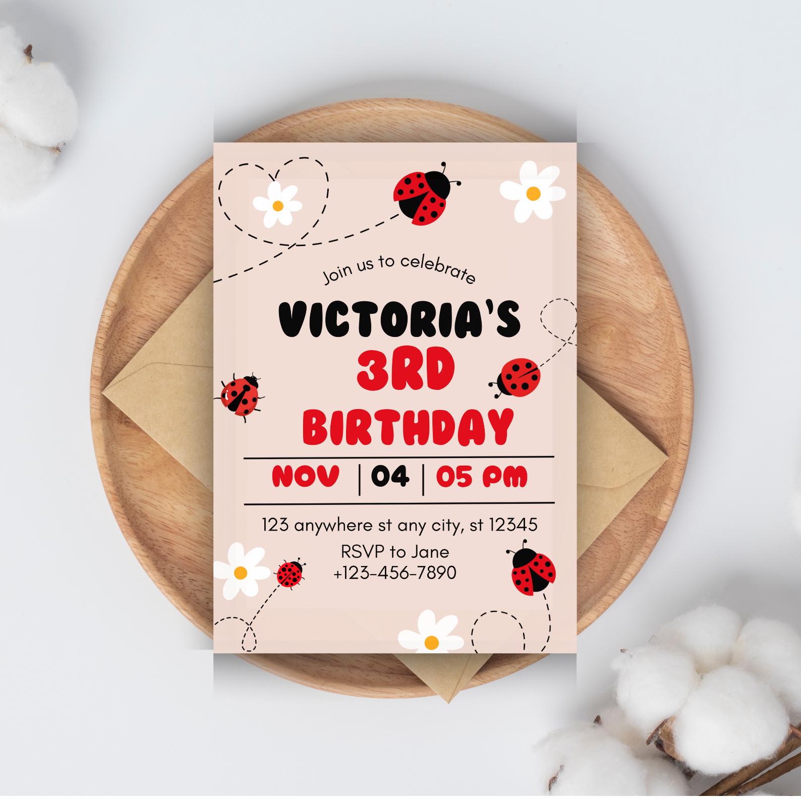 Ladybug Birthday Invitation Template: Editable Girl Party Invite (canva ...