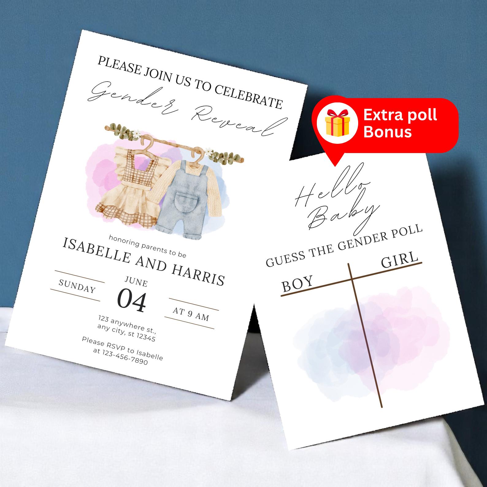 Editable Gender Reveal Invitation + Bonus Poll – Boho Neutral Canva ...