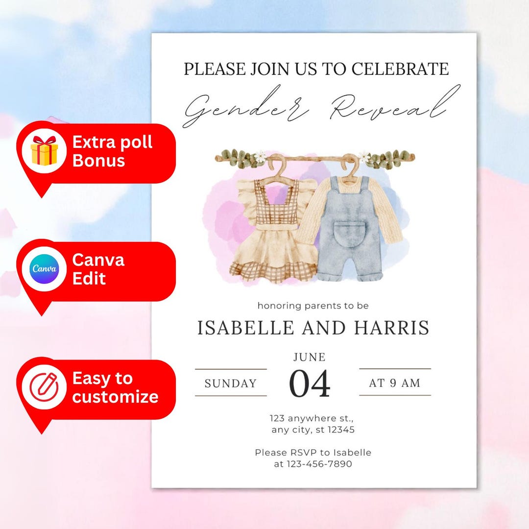 Editable Gender Reveal Invitation + Bonus Poll – Boho Neutral Canva ...