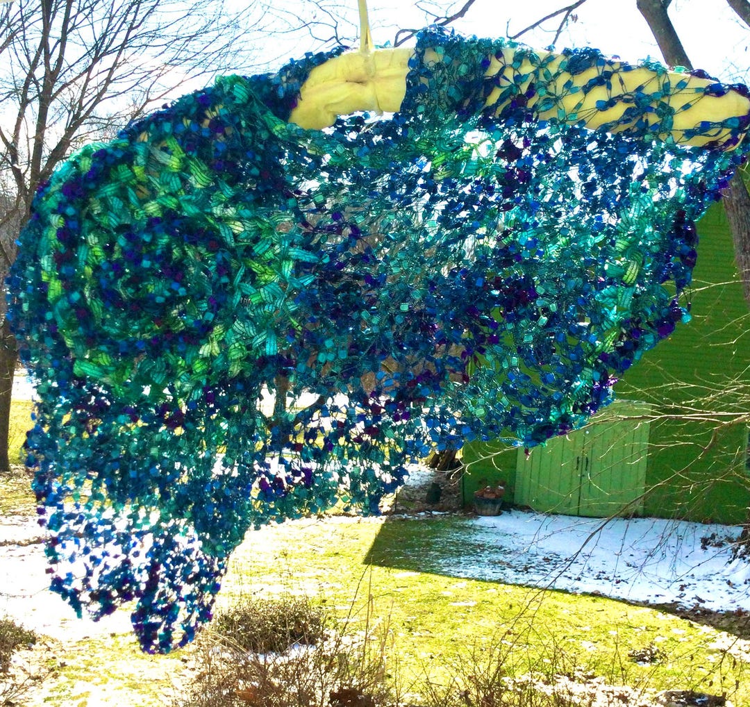 Shawlette Scarf Freeform Crochet Ribbon Yarn Peacock Colors Evening ...