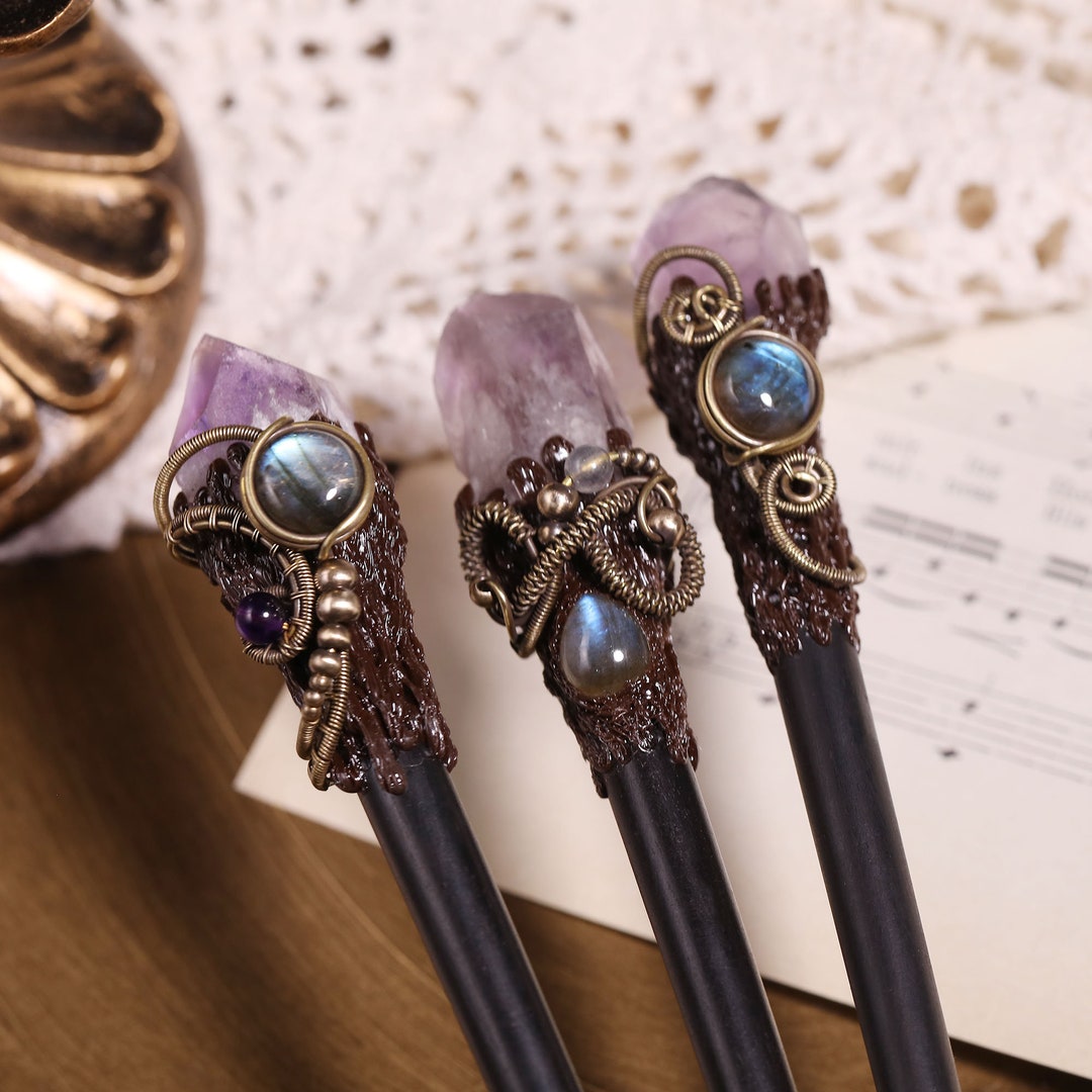 Wire Wrapped Wooden Magic Wand Chopstick Hairpin Amethyst Labradorite ...