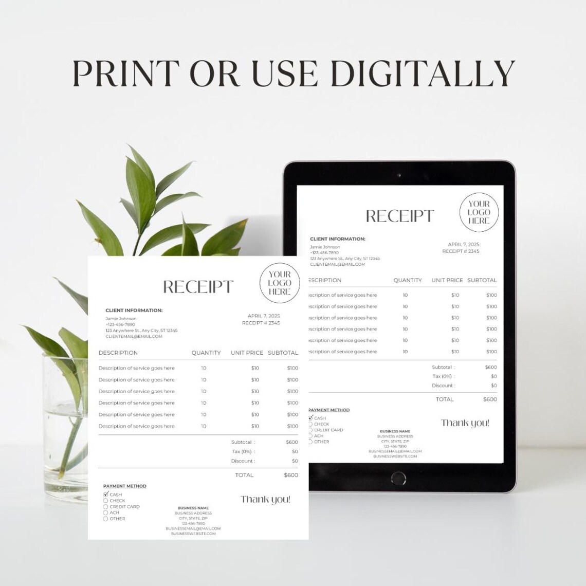 Receipt Template, Editable Receipt, Printable Small Business Receipt ...