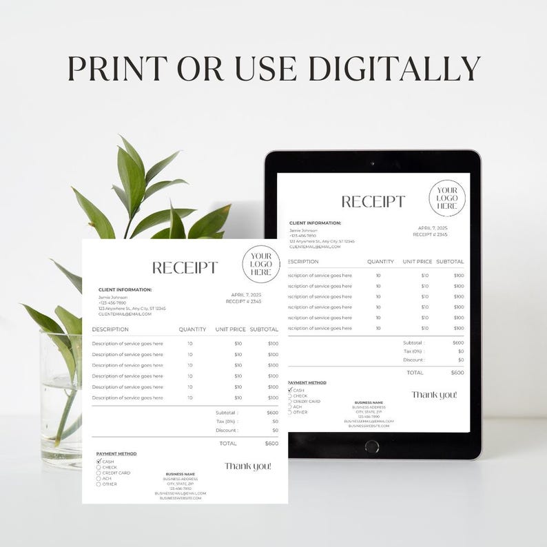 Receipt Template, Editable Receipt, Printable Small Business Receipt ...