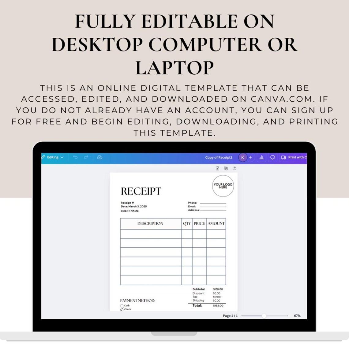 Receipt Template, Printable Receipt Template, Editable Receipt, Digital ...