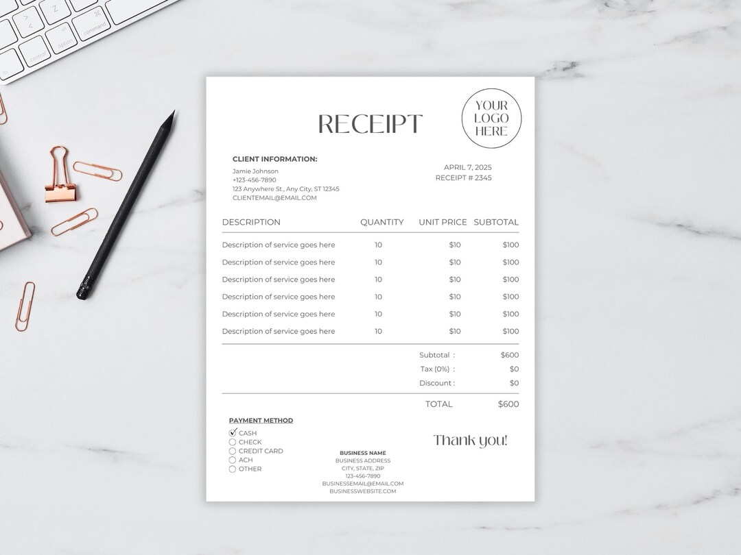 Receipt Template, Editable Receipt, Printable Small Business Receipt ...