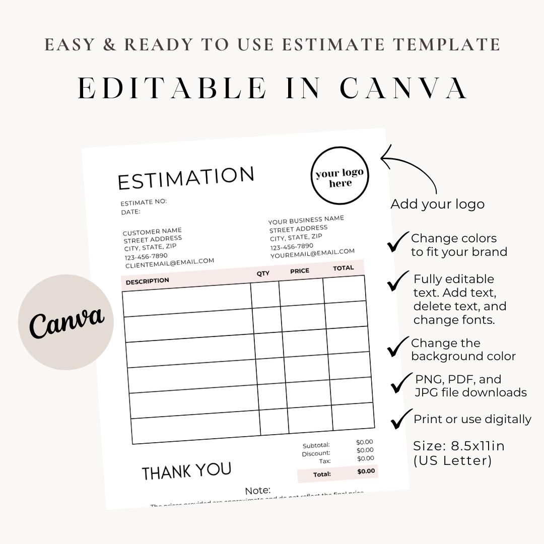 Estimate Template, Printable Job Estimate Template, Editable Estimation ...