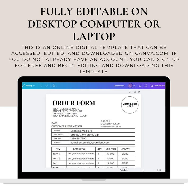 Order Form Template, Order Form Editable, Purchase Order Form Template ...