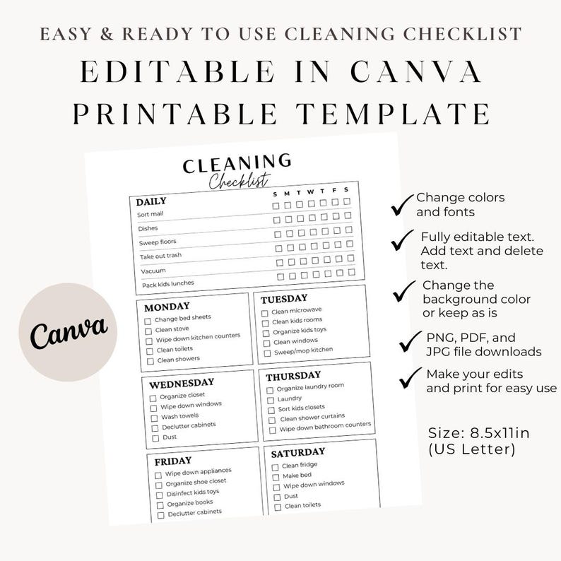 Cleaning Checklist Printable, Daily Cleaning Planner, Editable Cleaning ...