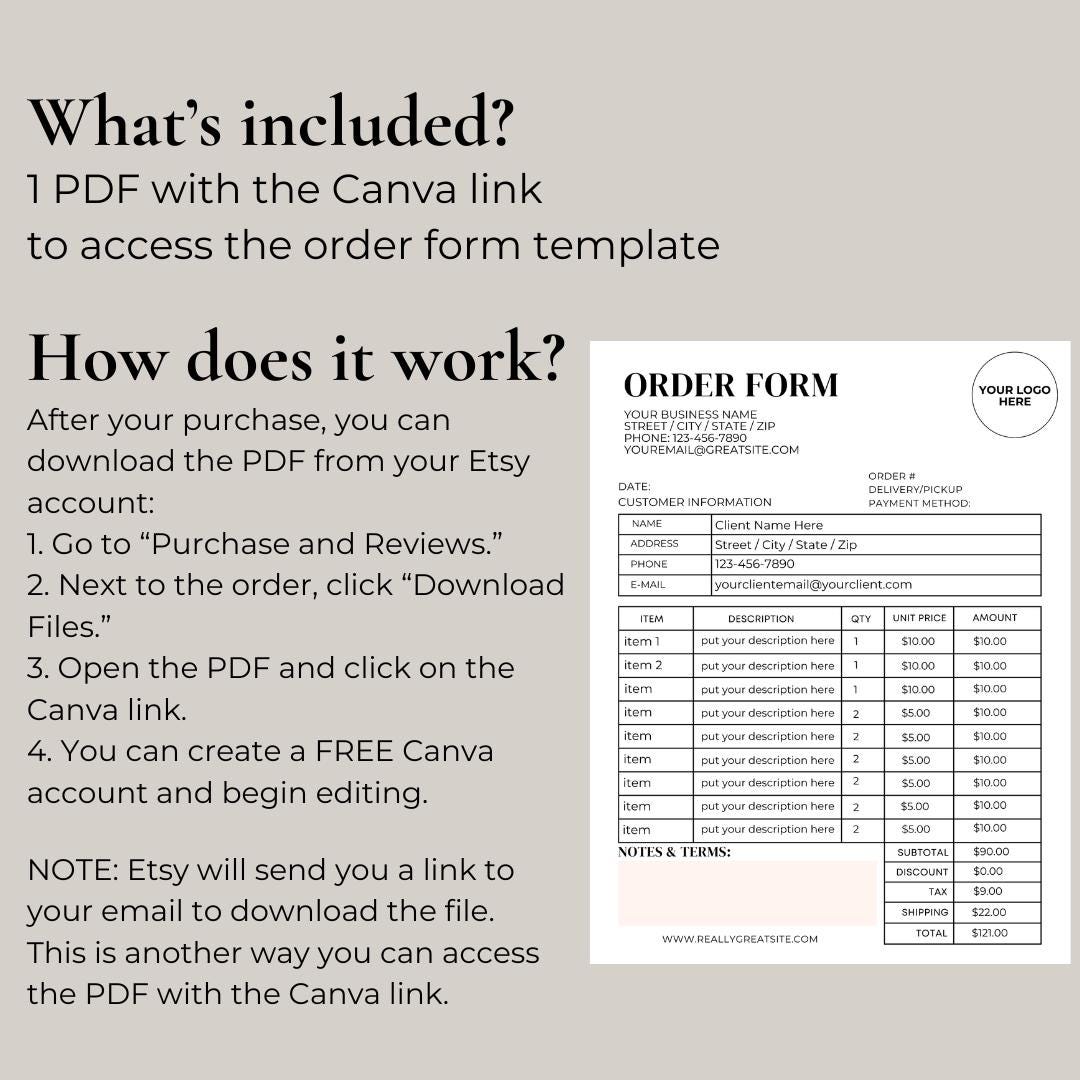 Order Form Template, Order Form Editable, Purchase Order Form Template ...