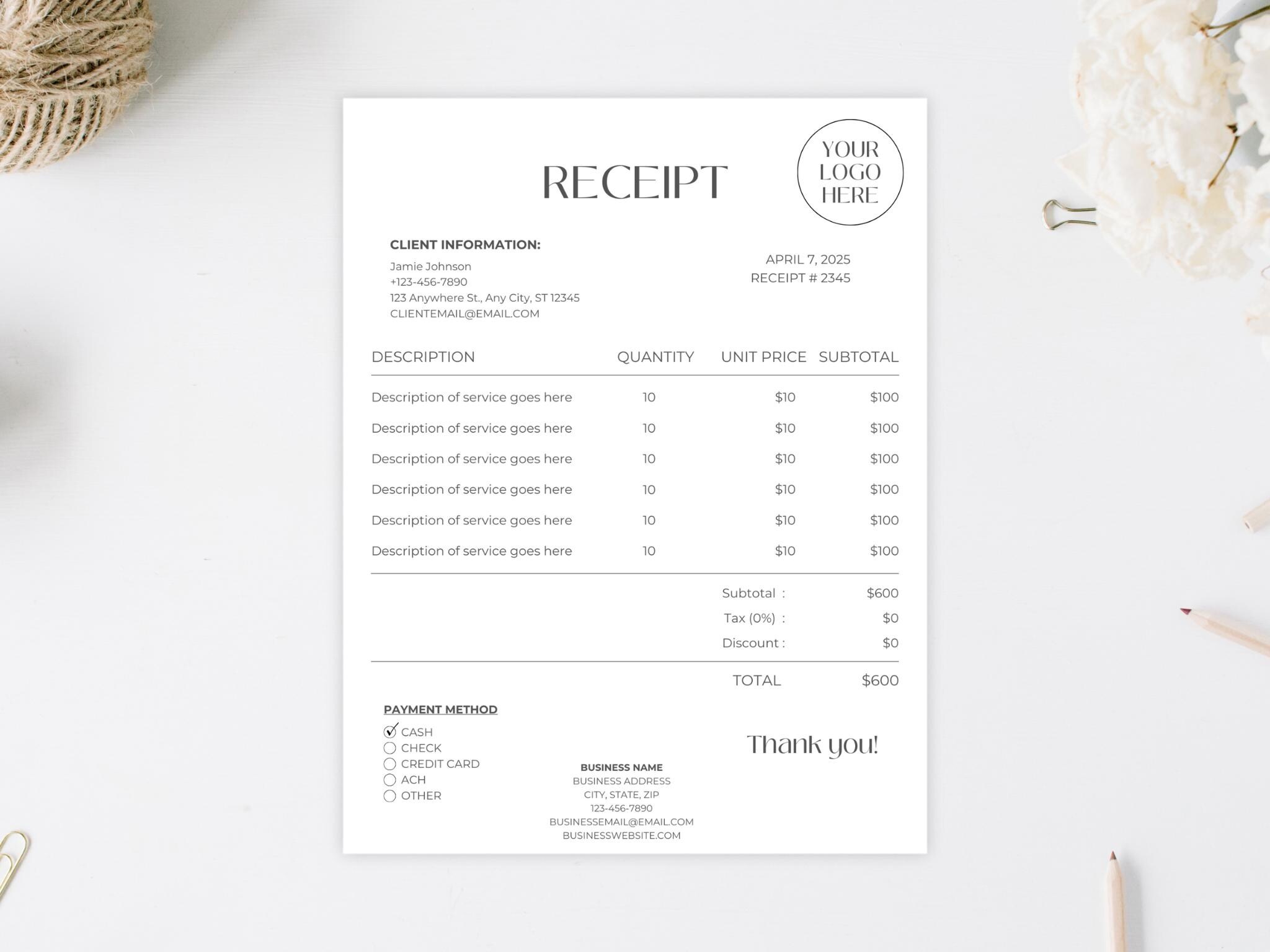 Receipt Template, Editable Receipt, Printable Small Business Receipt Template, Digital Receipt ...
