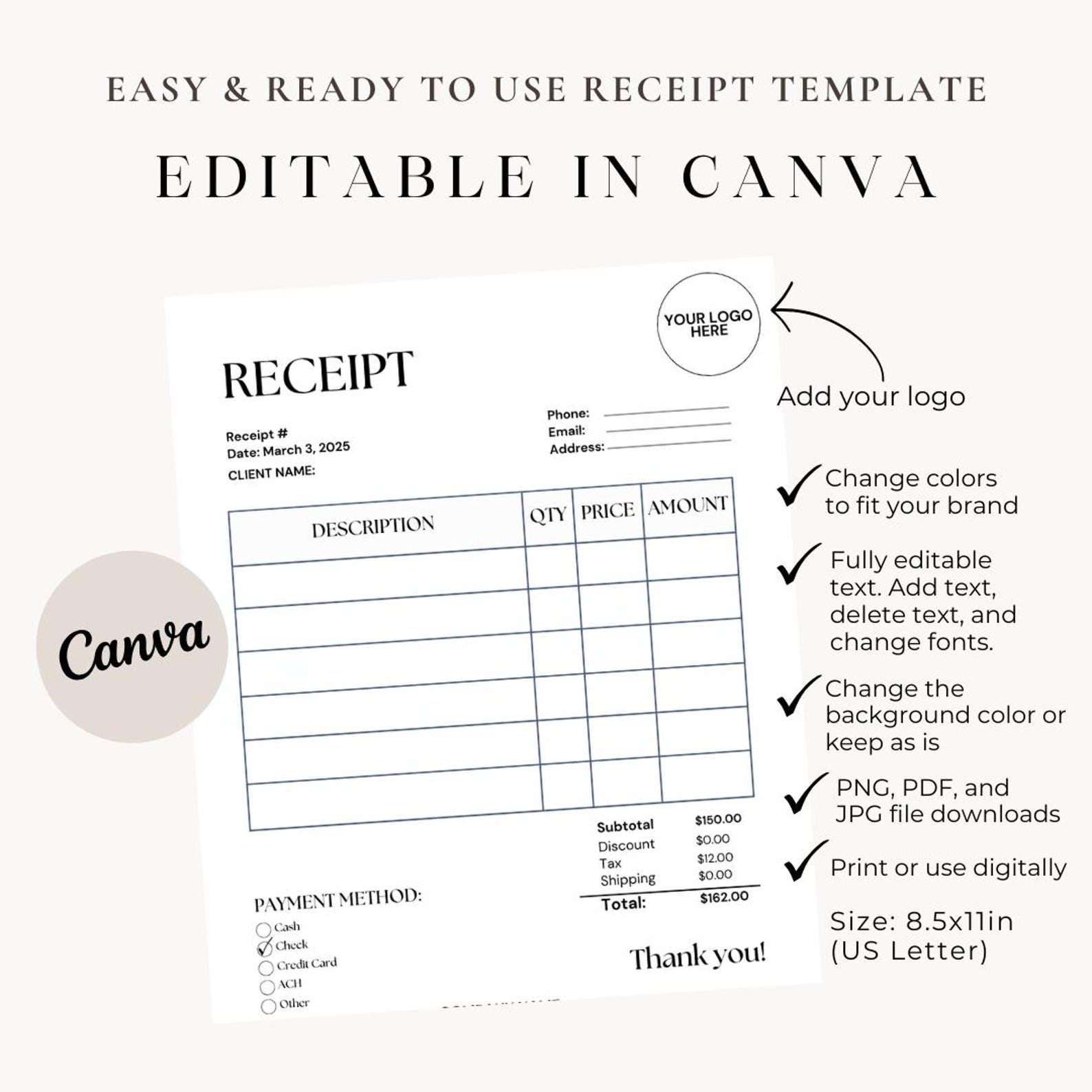 Receipt Template, Printable Receipt Template, Editable Receipt, Digital ...