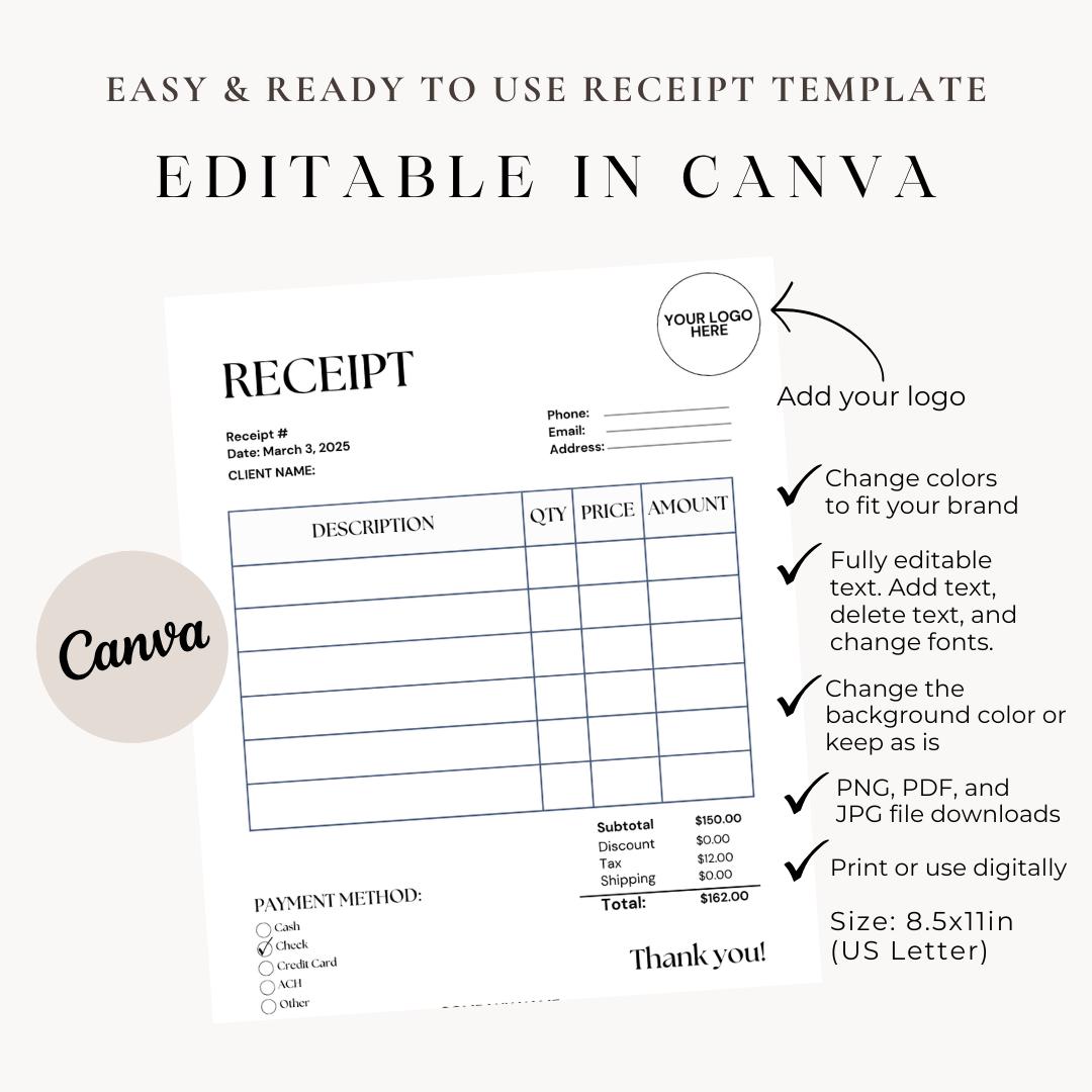 Receipt Template, Printable Receipt Template, Editable Receipt, Digital ...