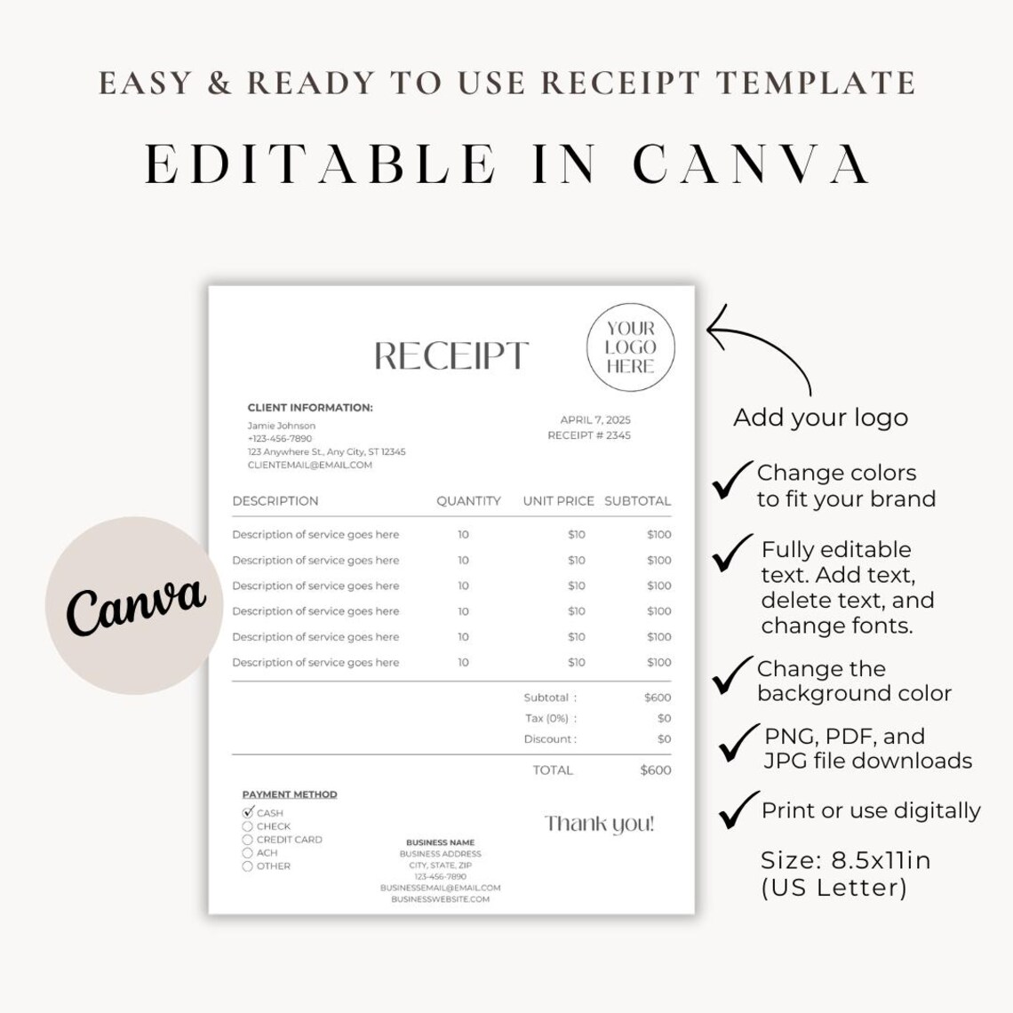 Receipt Template, Editable Receipt, Printable Small Business Receipt ...