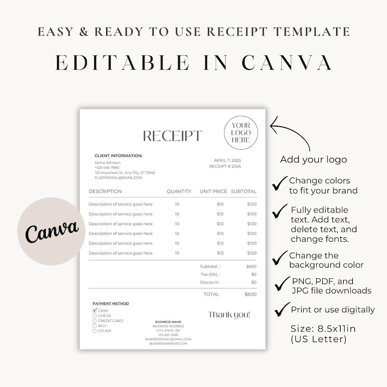 Receipt Template, Editable Receipt, Printable Small Business Receipt ...