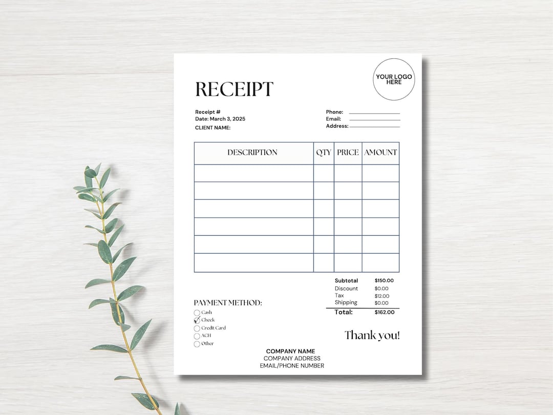 Receipt Template, Printable Receipt Template, Editable Receipt, Digital ...
