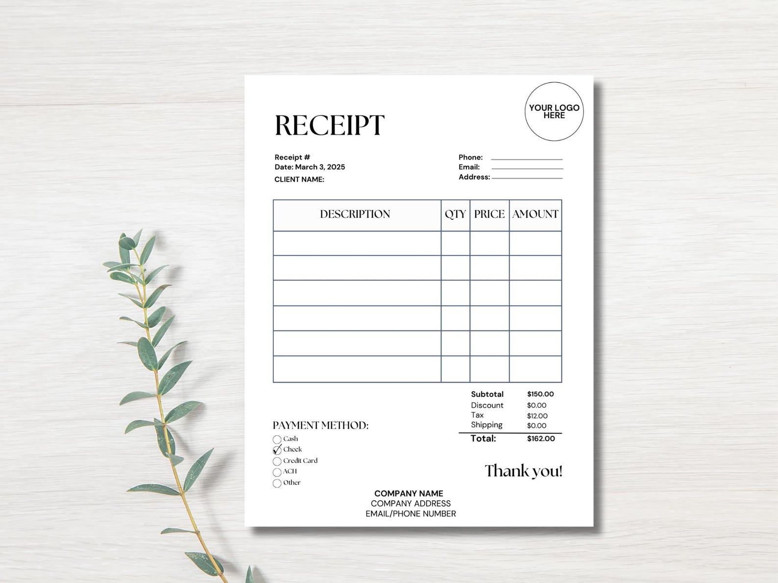 Receipt Template, Printable Receipt Template, Editable Receipt, Digital ...