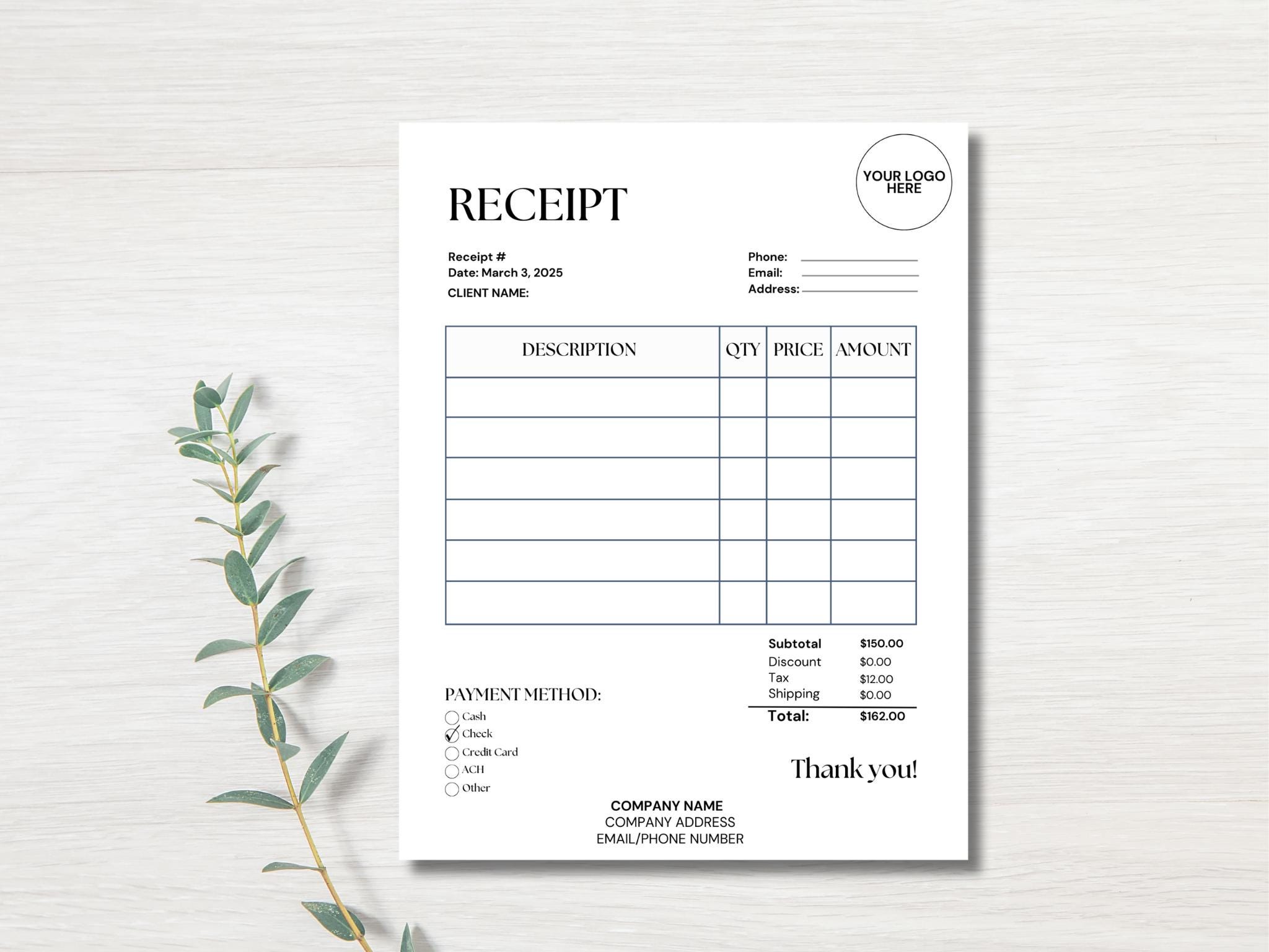 Receipt Template, Printable Receipt Template, Editable Receipt, Digital Receipt Template for ...