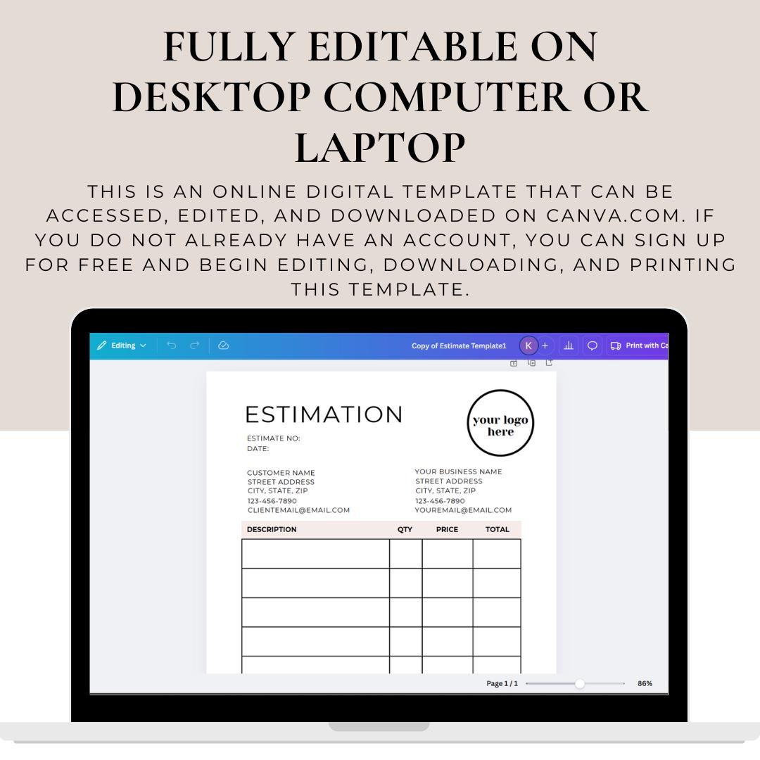 Estimate Template, Printable Job Estimate Template, Editable Estimation ...