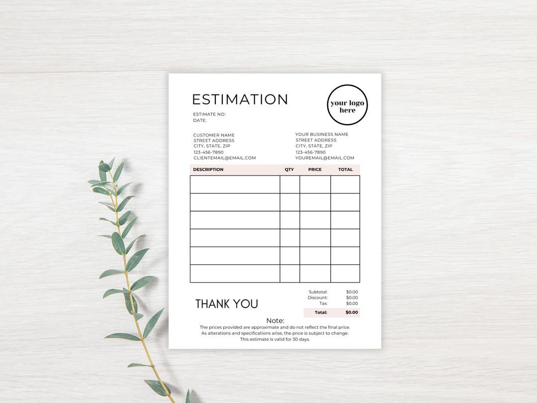 Estimate Template, Printable Job Estimate Template, Editable Estimation ...