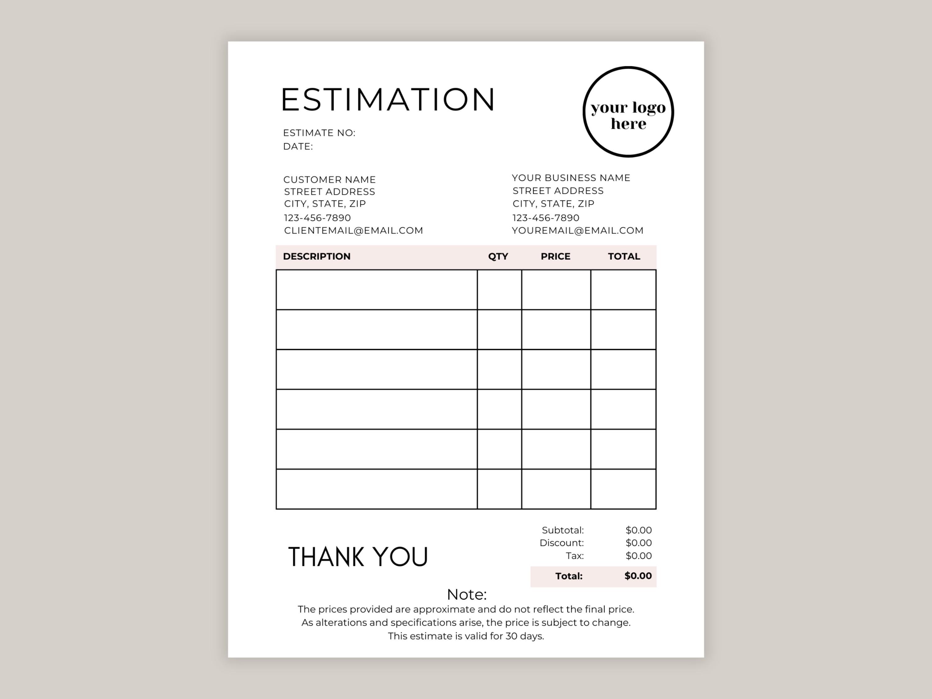 Estimate Template, Printable Job Estimate Template, Editable Estimation ...