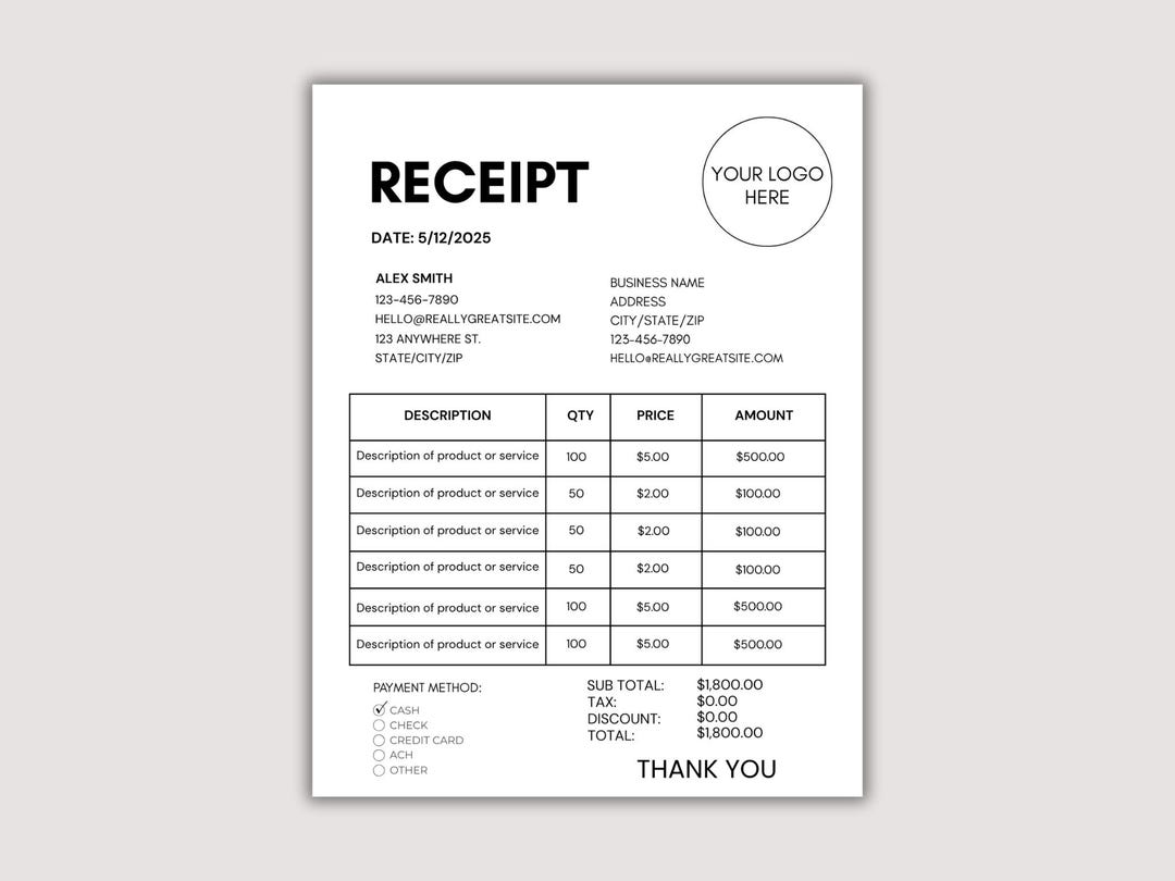 Receipt Template, Receipt for Small Business, Customer Receipt, Client ...