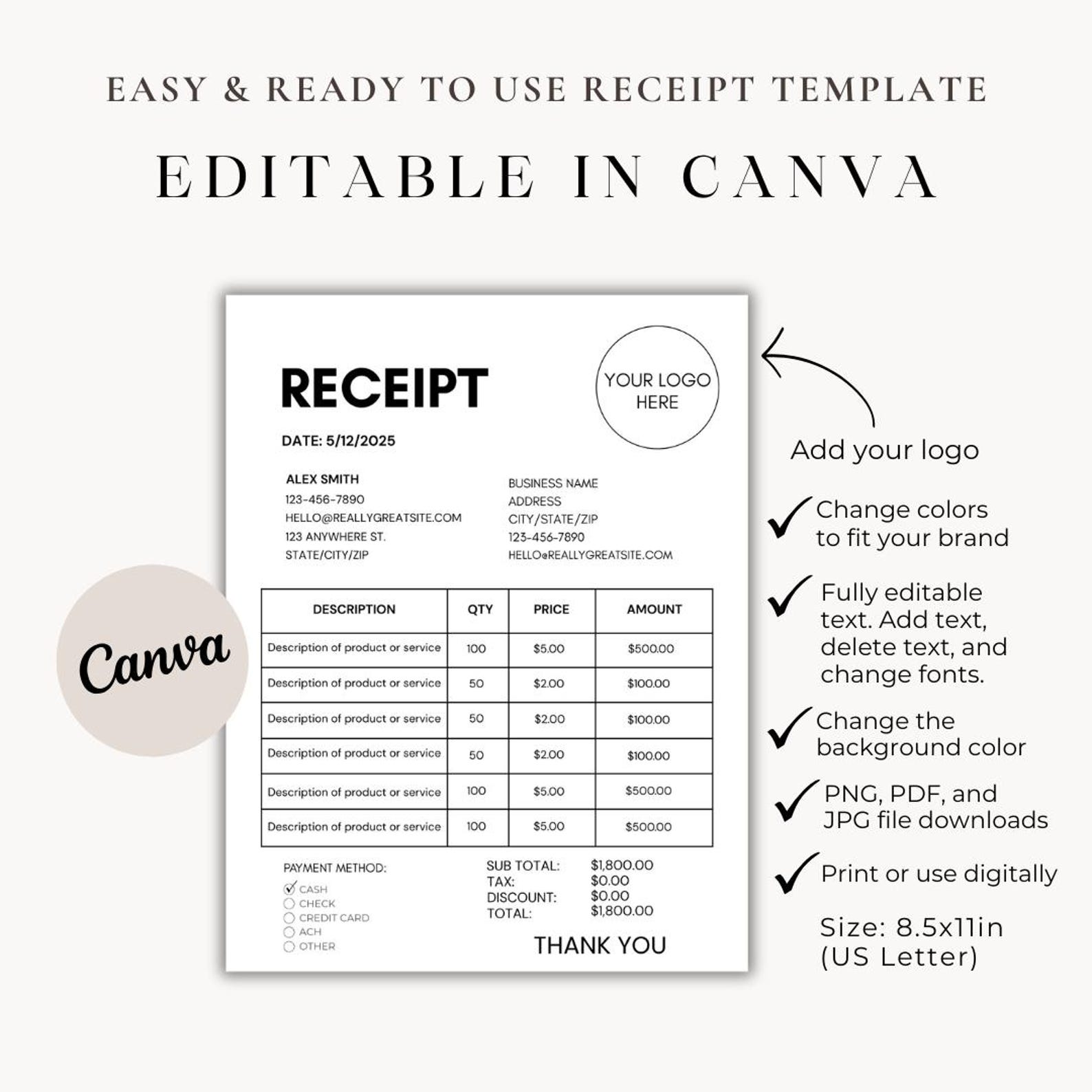 Receipt Template, Receipt for Small Business, Customer Receipt, Client ...