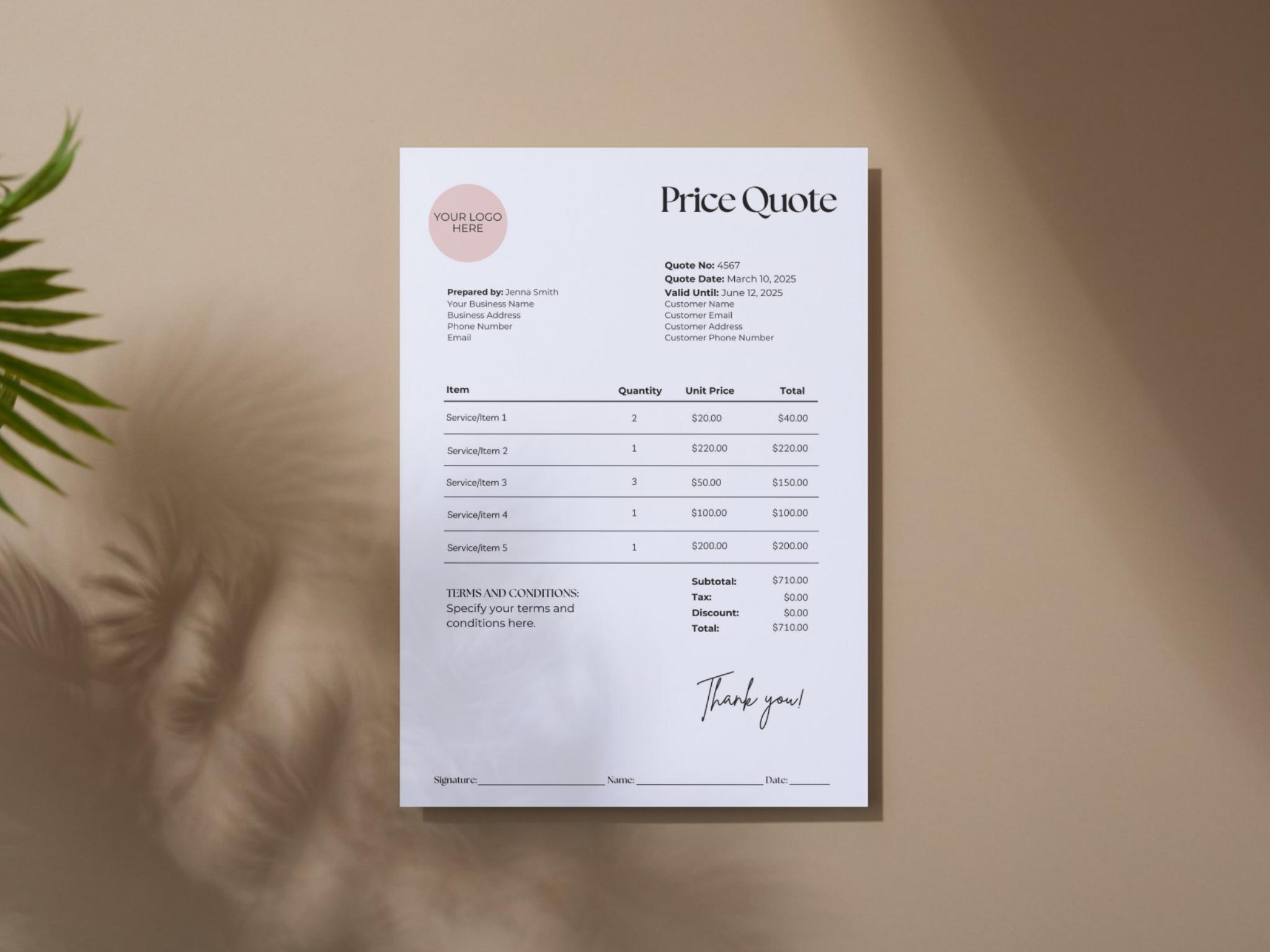 Price Quote Template, Editable Quotation Template, Printable Quote ...