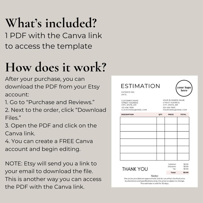 Estimate Template, Printable Job Estimate Template, Editable Estimation ...