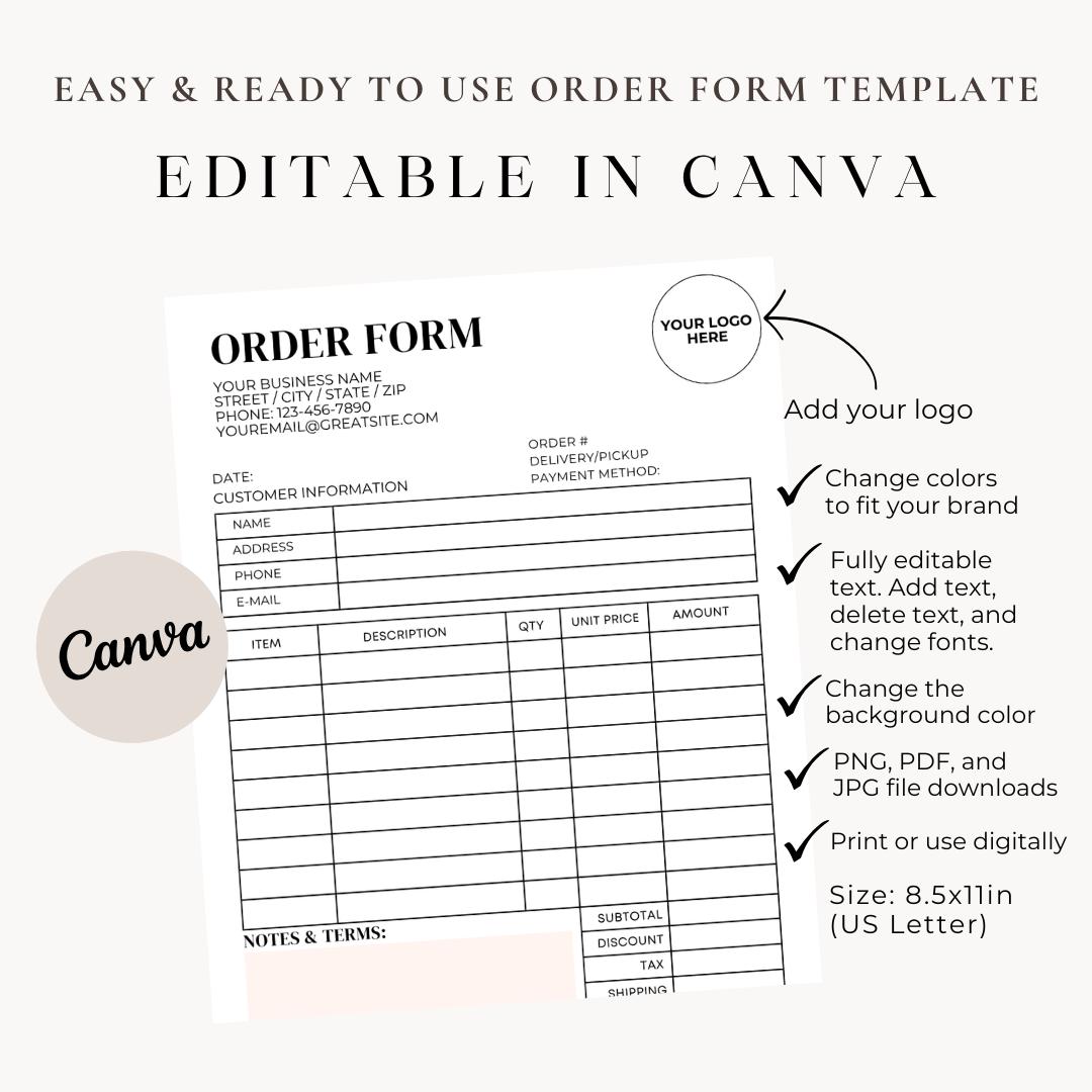 Order Form Template, Order Form Editable, Purchase Order Form Template, Printable Order Form ...