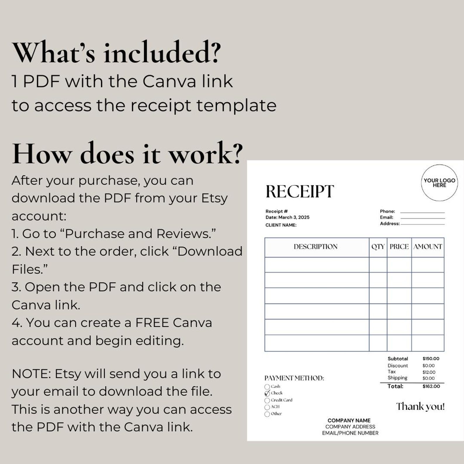 Receipt Template, Printable Receipt Template, Editable Receipt, Digital ...