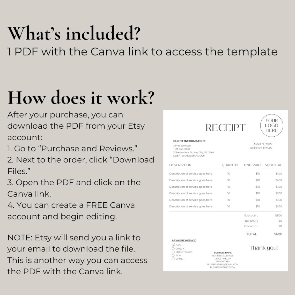 Receipt Template, Editable Receipt, Printable Small Business Receipt ...