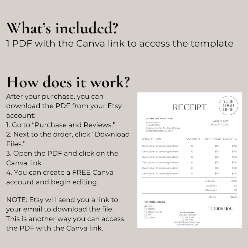 Receipt Template, Editable Receipt, Printable Small Business Receipt ...