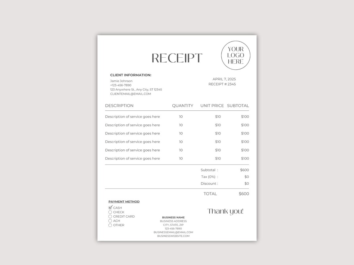 Receipt Template, Editable Receipt, Printable Small Business Receipt ...