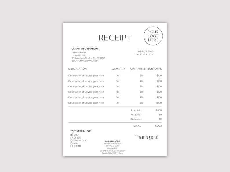 Receipt Template, Editable Receipt, Printable Small Business Receipt ...