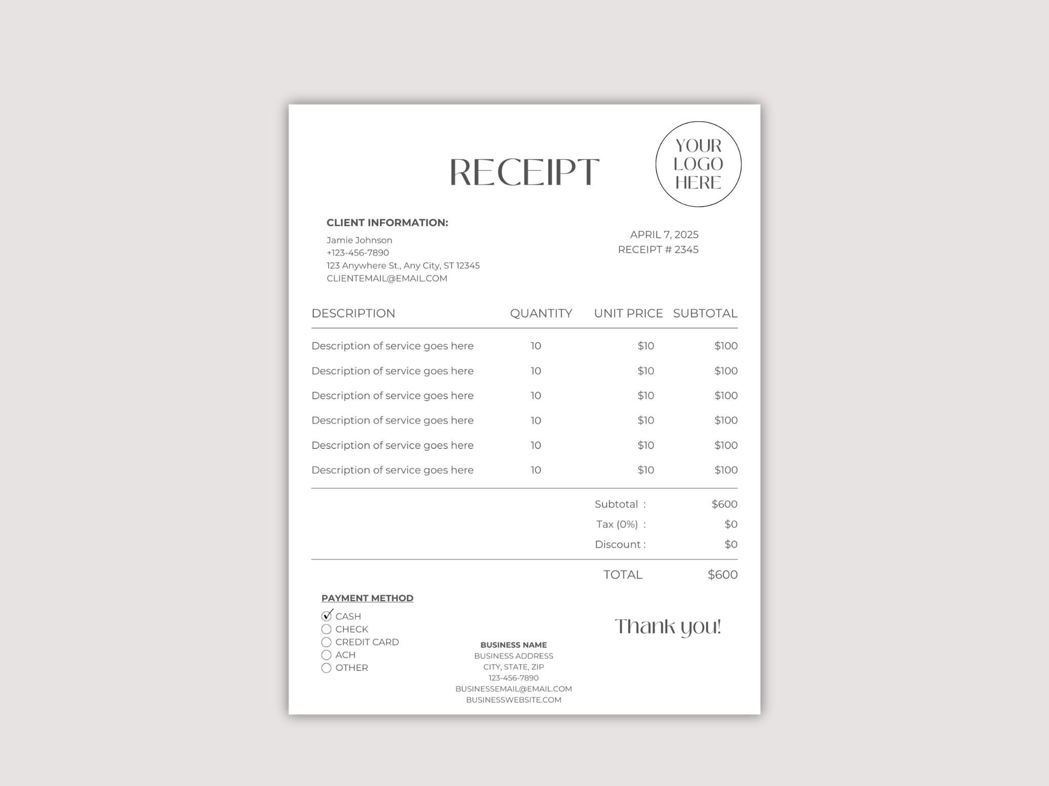 Receipt Template, Editable Receipt, Printable Small Business Receipt ...
